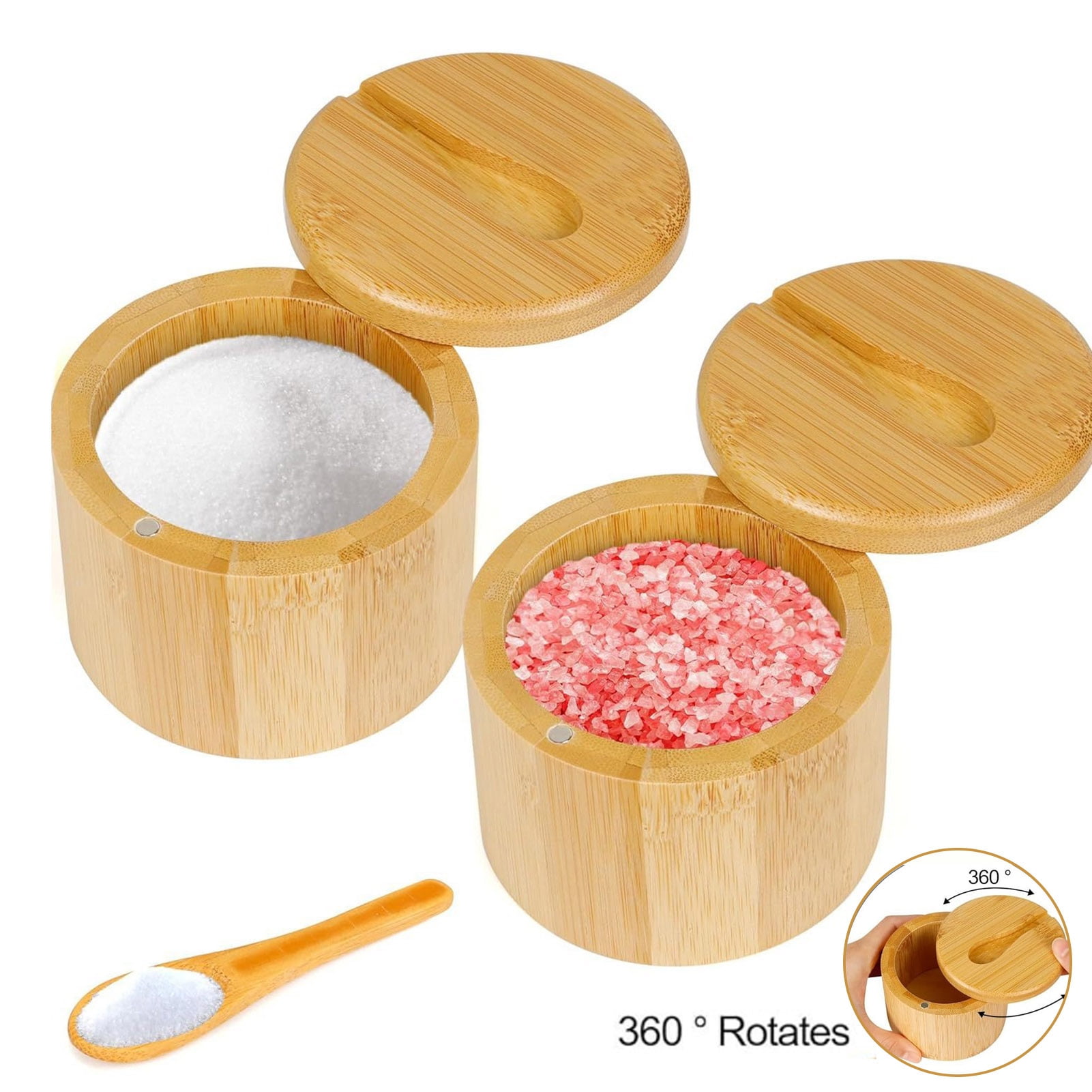 Deyuer Bamboo Salt Cellar with Magnetic Swivel Lid Round Salt Box for ...