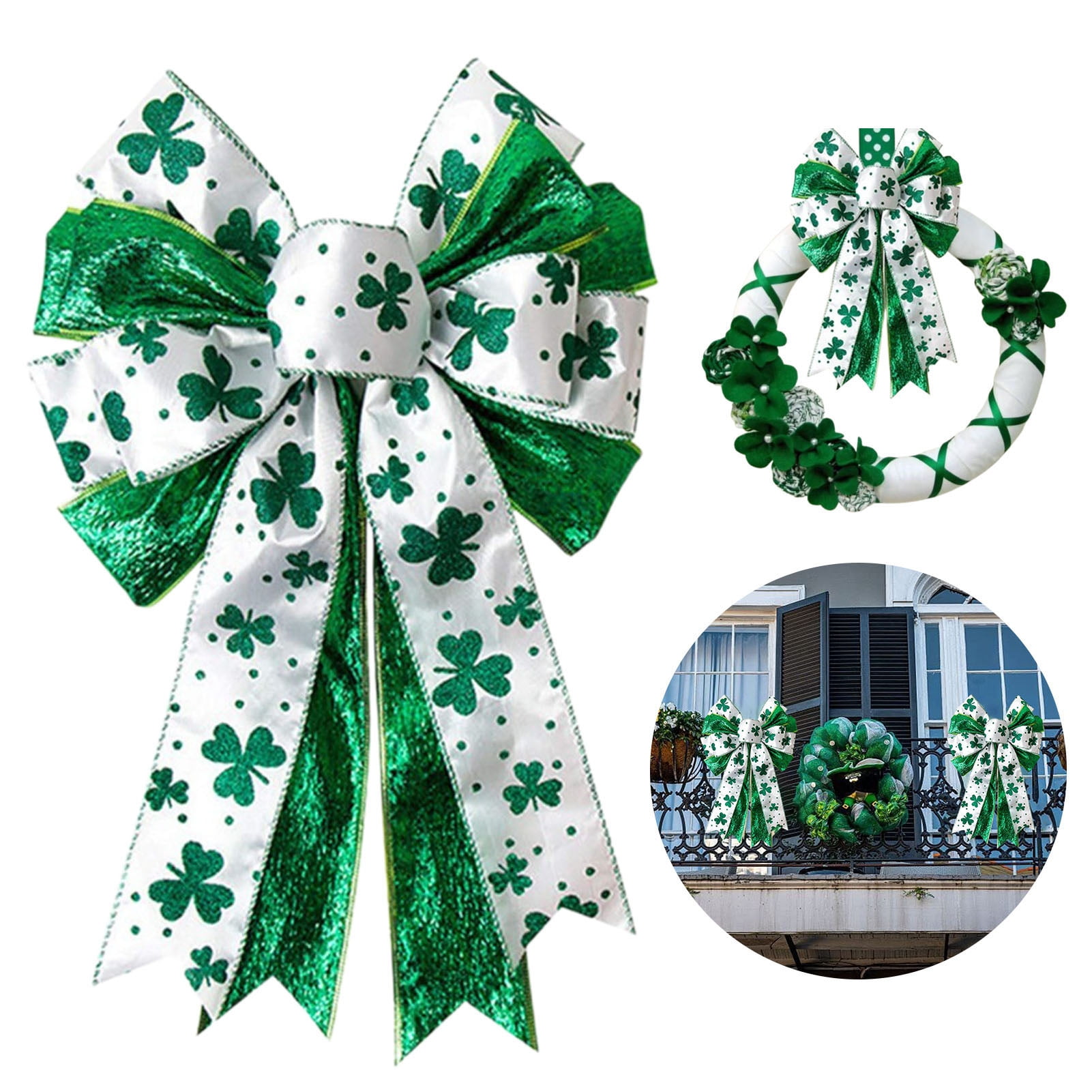 Deyuer Bow,Large White Green Glitter Shamrock Bow Irish Holiday Decor ...