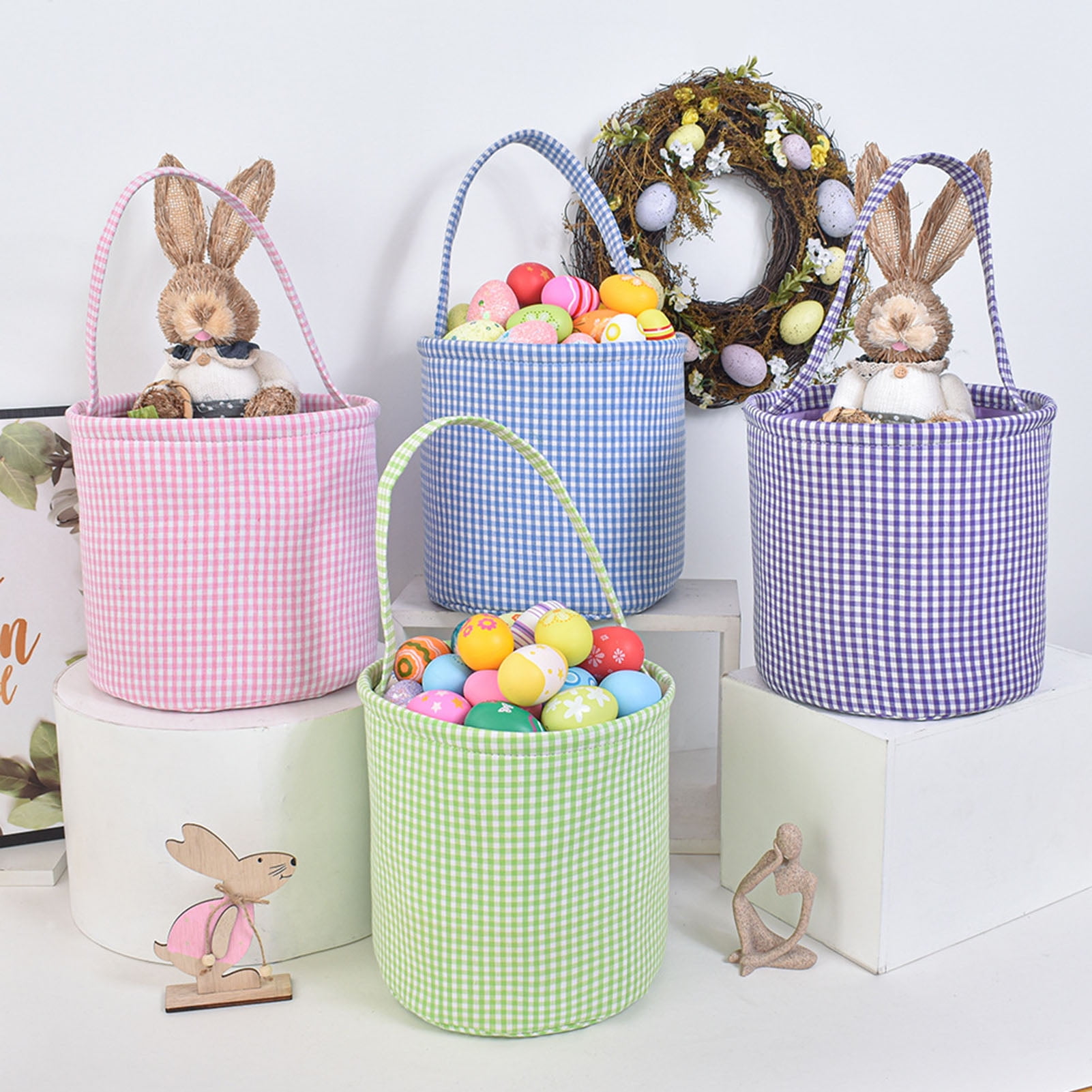 Deyuer Gingham Easter Bucket for Kids Nursery Storage Bag New Baby Gift ...