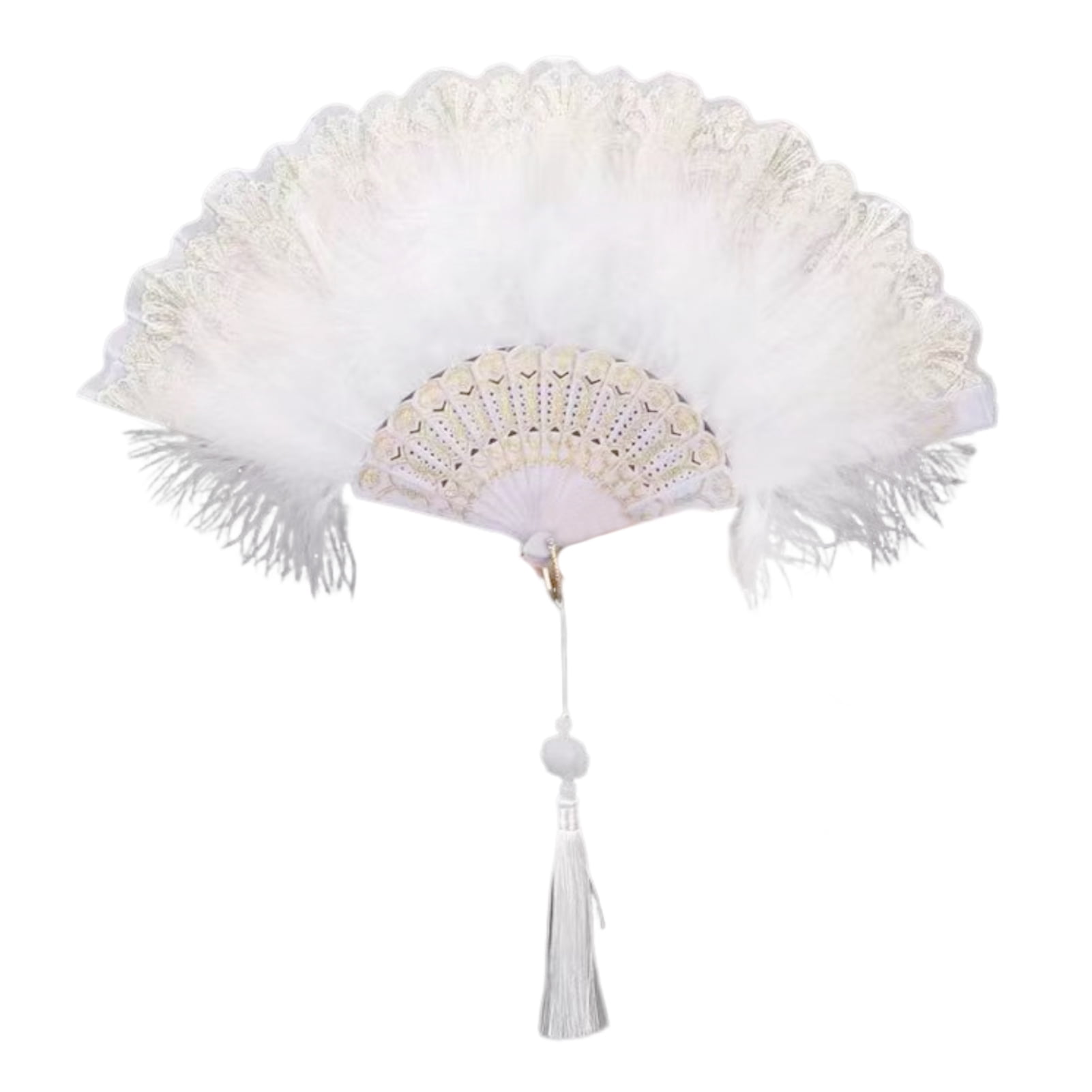Deyuer Vintage Feather Lace Folding Fan with Tassels Portable Summer ...