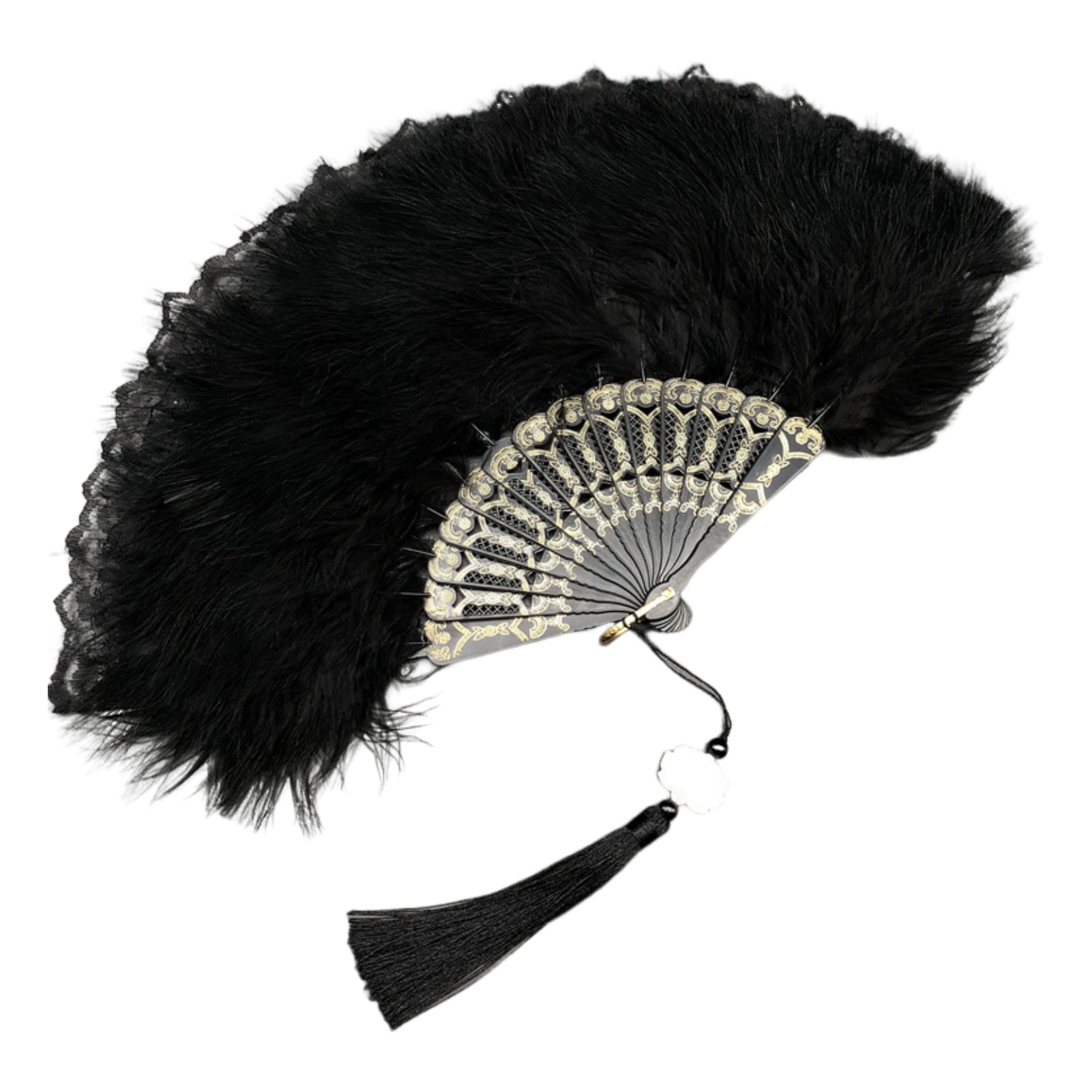 Deyuer Vintage Feather Lace Folding Fan with Tassels Portable Summer ...
