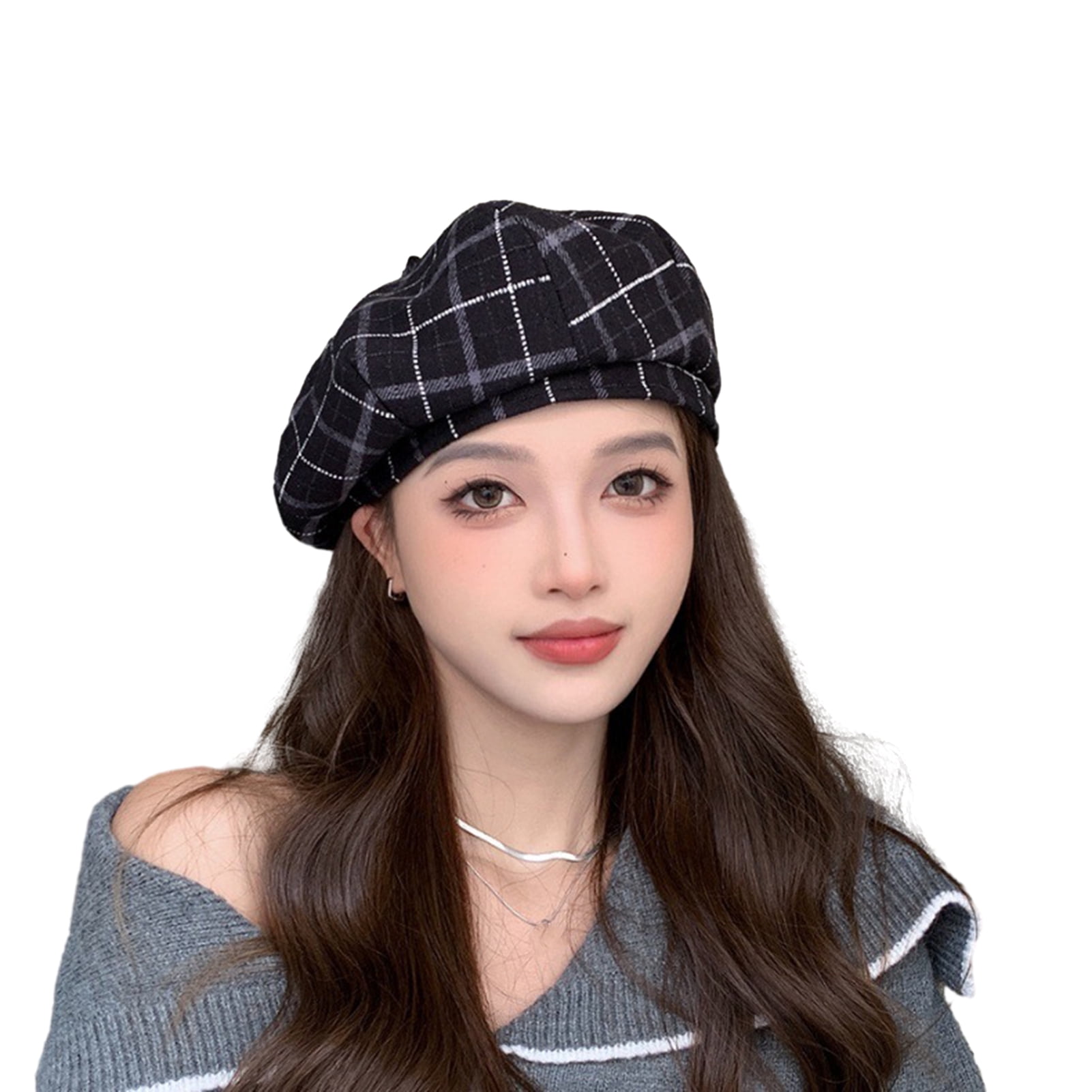 Deyuer Women Winter Beret Plaid Print Contrast Color Elastic Adjustable ...