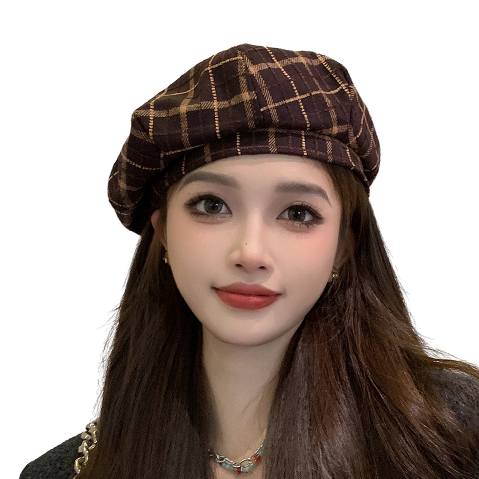 Deyuer Women Winter Beret Plaid Print Contrast Color Elastic Adjustable ...