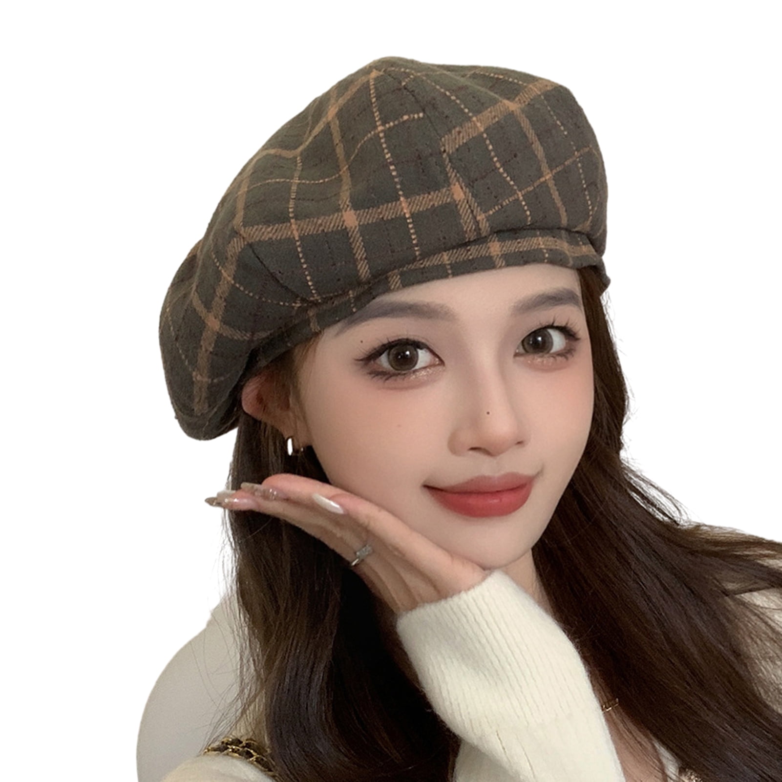 Deyuer Women Winter Beret Plaid Print Contrast Color Elastic Adjustable ...