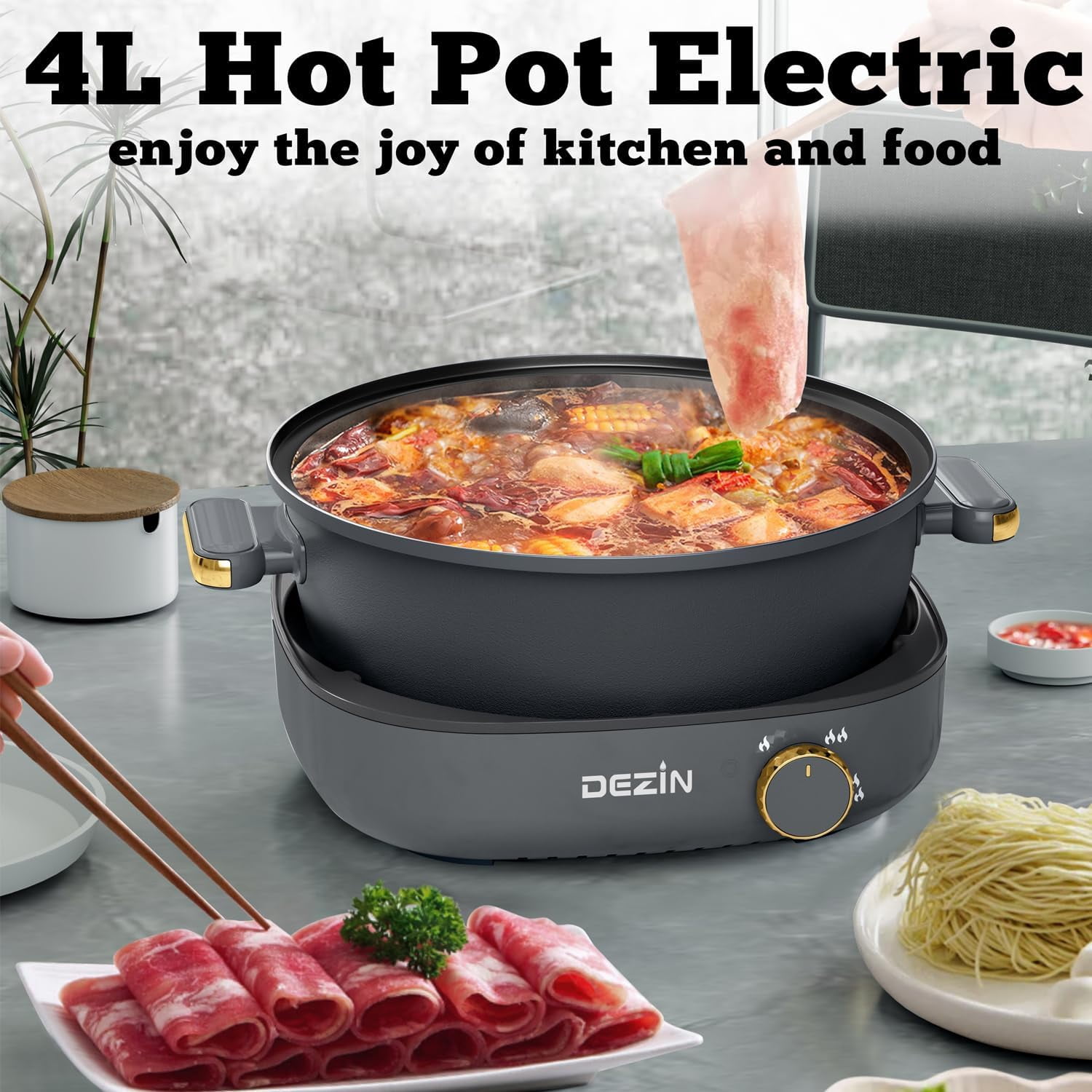 Dezin Electric Shabu Shabu Pot with Removable Pot, 4L Non-Stick Hot Pot ...