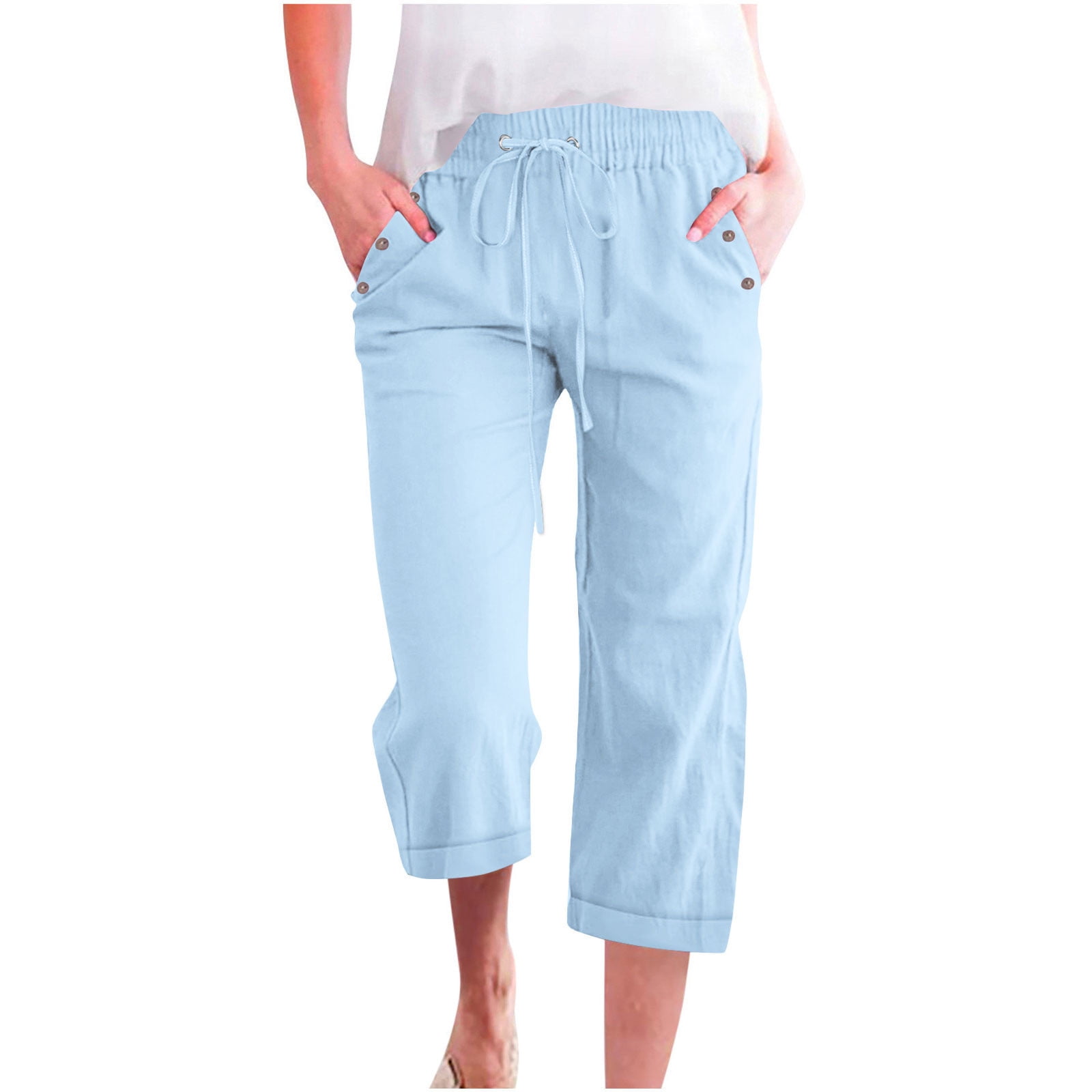 Dezsed Capri Pants for Women 2025 Summer Drawstring Elastic High Waist ...