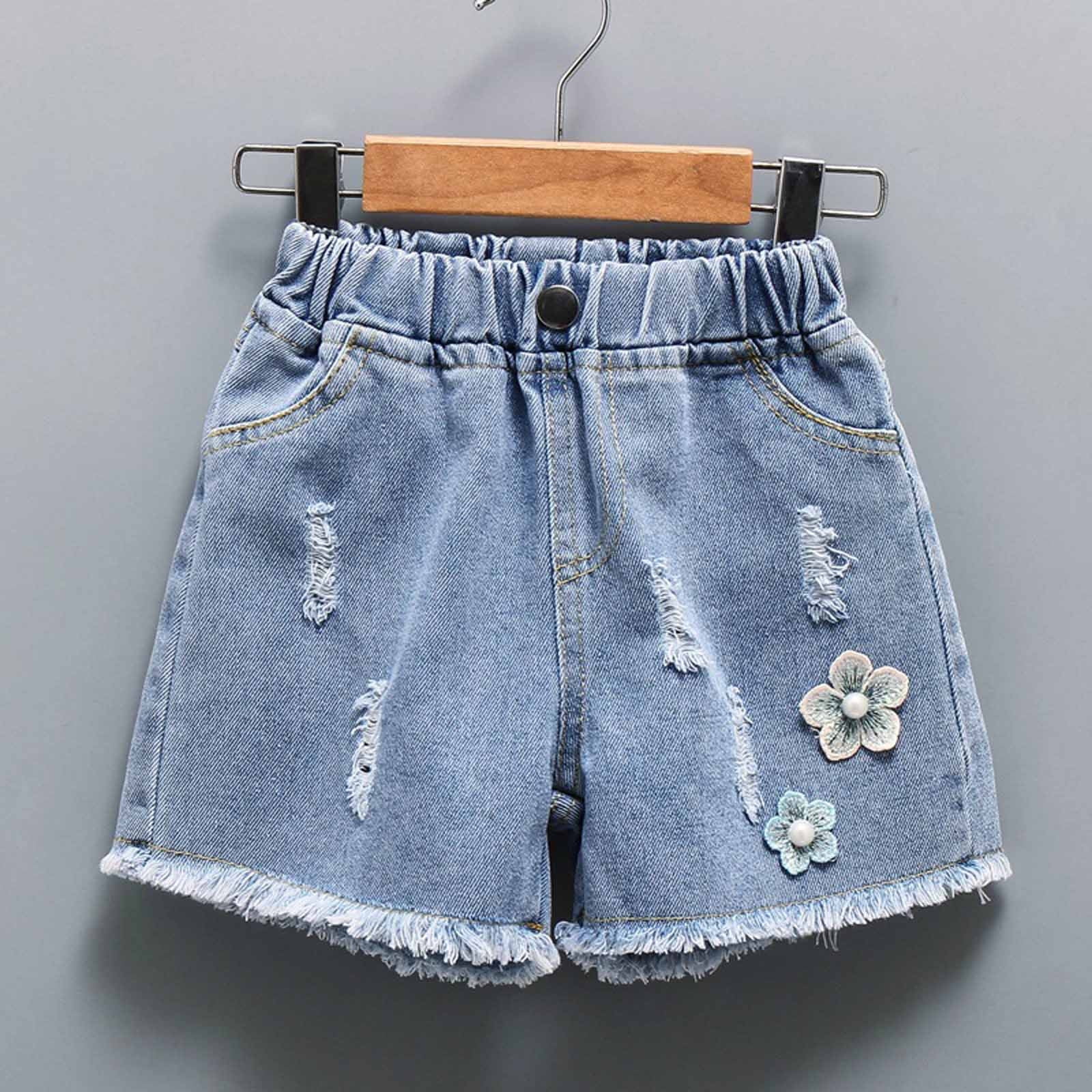 Dezsed Girls Summer Denim Shorts Elastic Waistband Embroidered Ripped ...