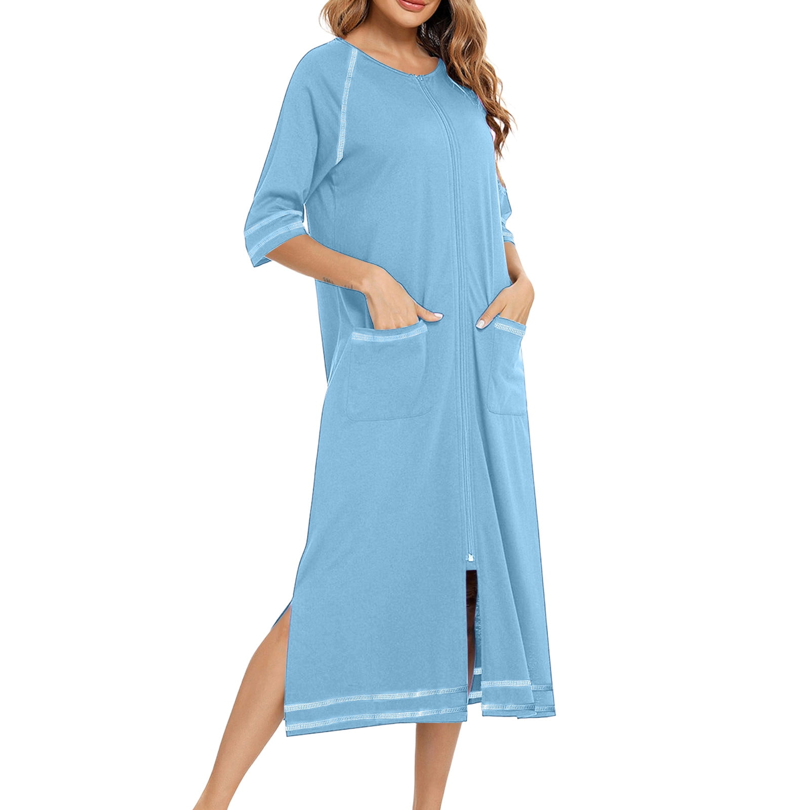 Dezsed Nightgowns for Women Zipper Front Long Robes Crewneck ...