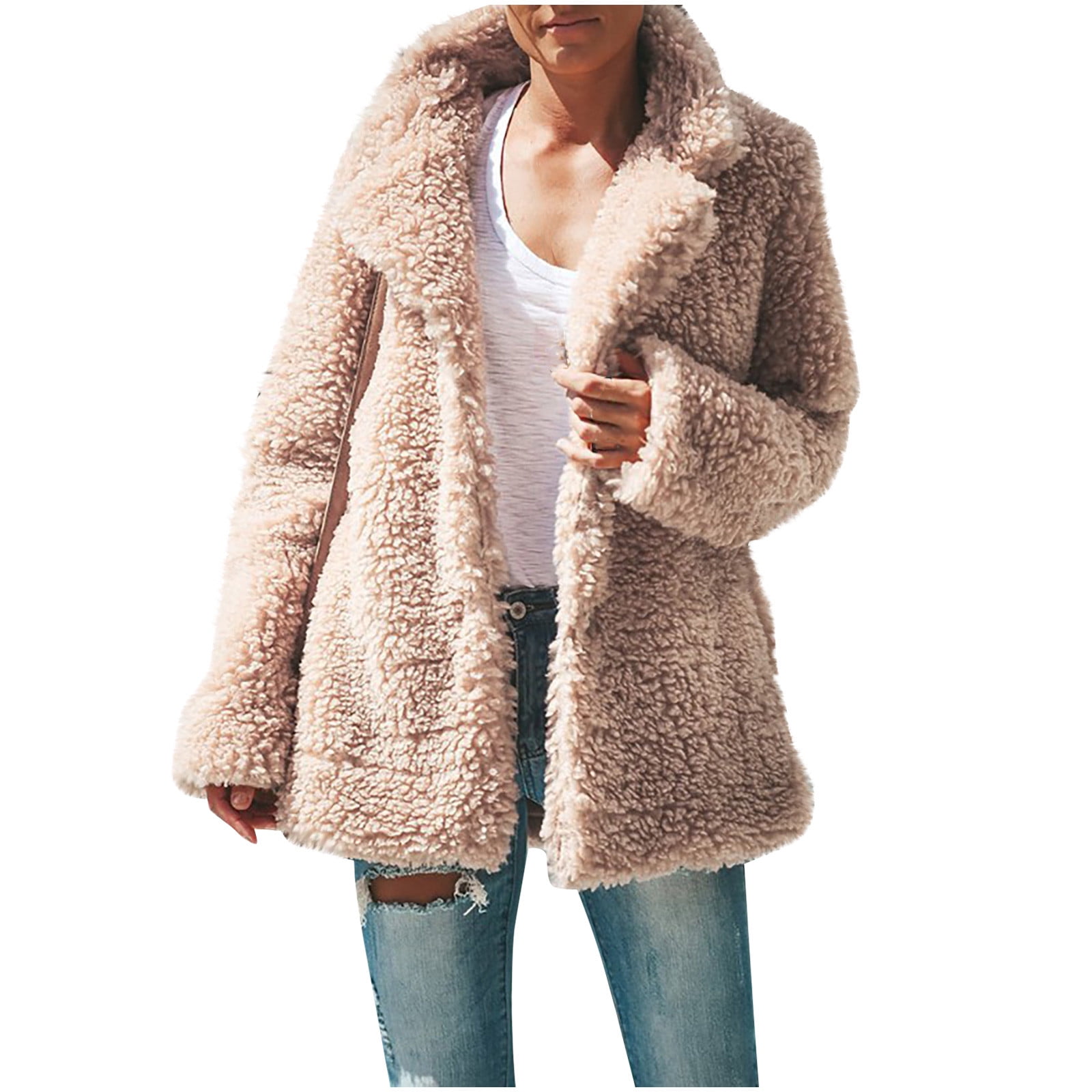 Dezsed Women's Teddy Bear Fleece Oversized-Fit Lapel Jacket Women Plus ...