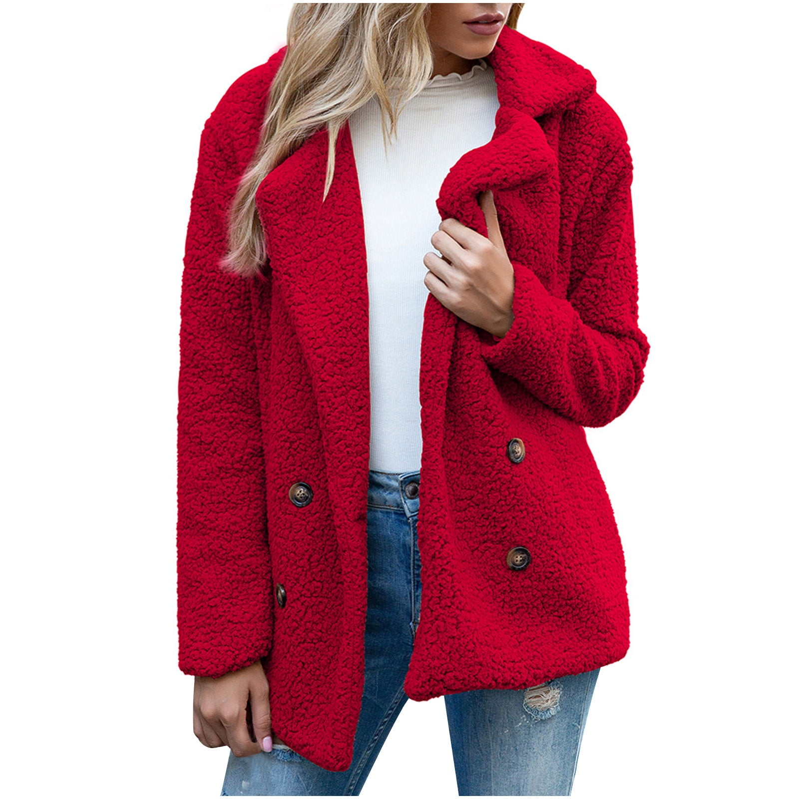 Dezsed Womens Casual Long Fluffy Fleece Jacket, Winter Solid Turn Coat ...