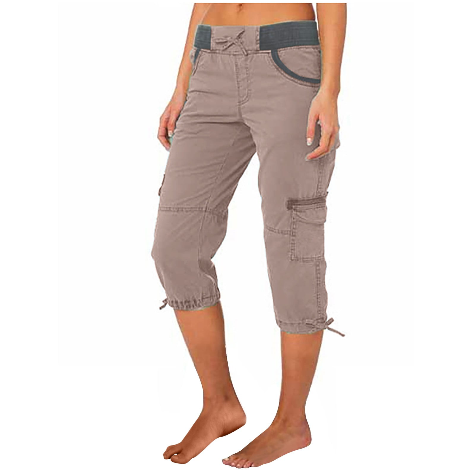 Dezsed Womens Cargo Pants Pockets Drawstring Casual High Waist Capris