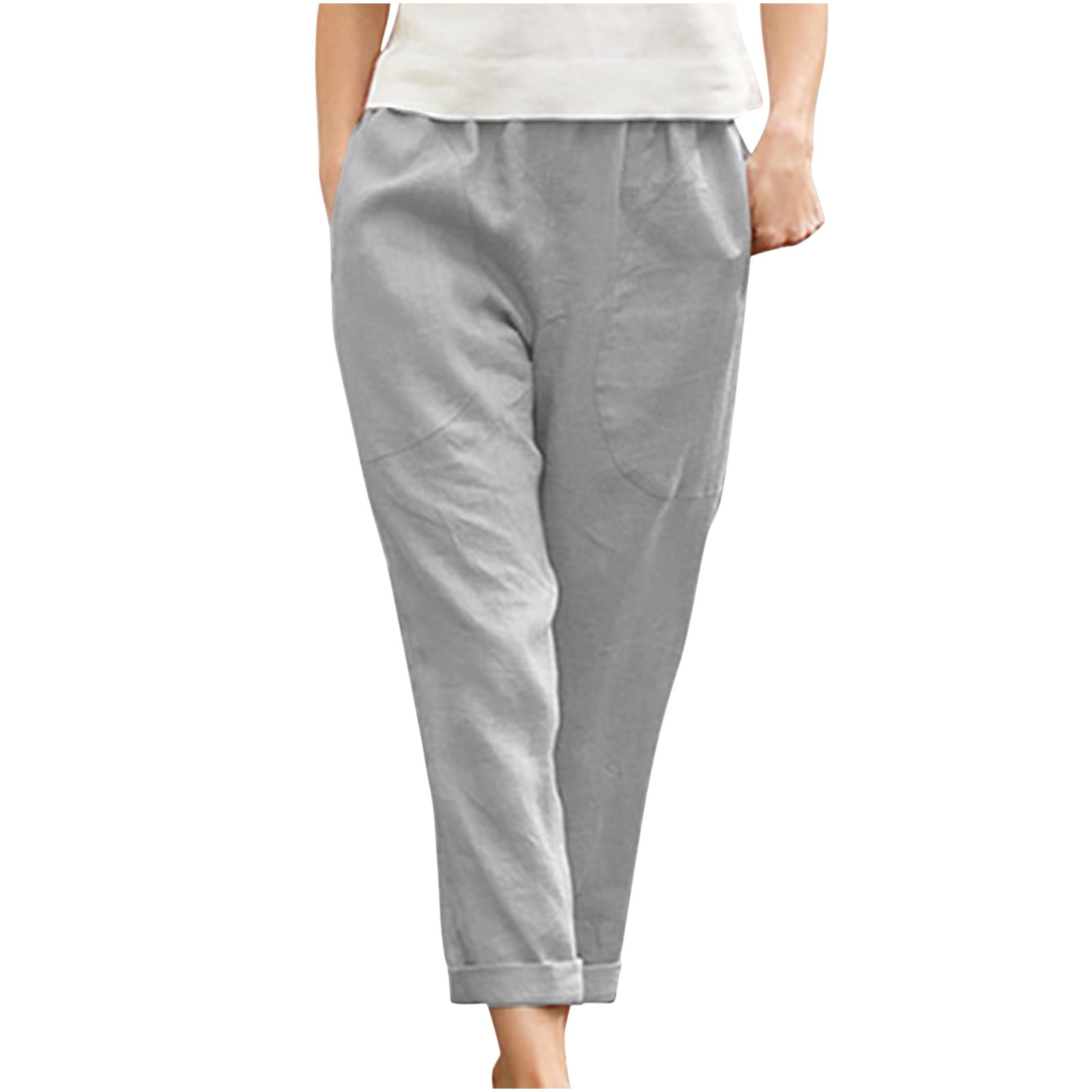 Dezsed Womens Casual Cotton Linen Tapered Capri Pants Loose Elastic ...