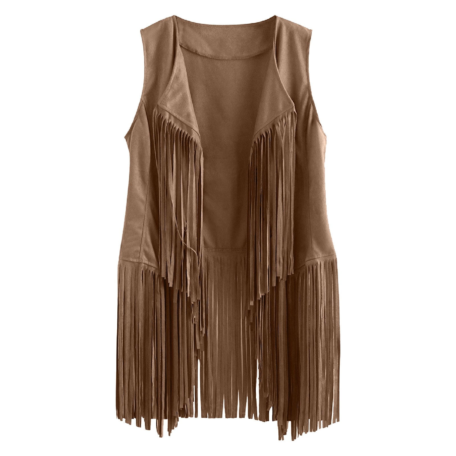 Dezsed Women's Long Hippy Faux Suede Fringe Vest Jacket, Sleeveless ...