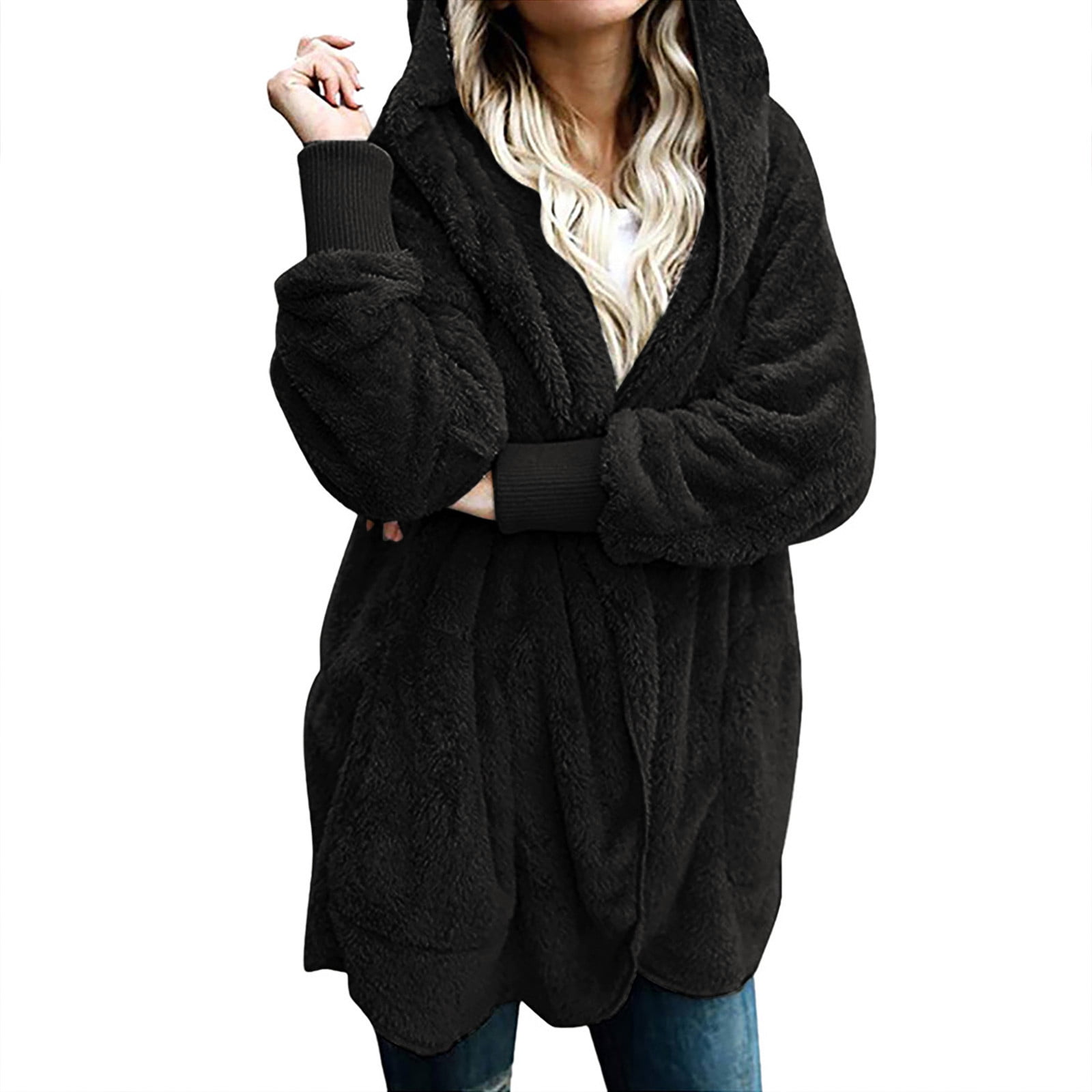 Dezsed Womens Fuzzy Fleece Open Front Hooded Cardigan Jackets Sherpa ...