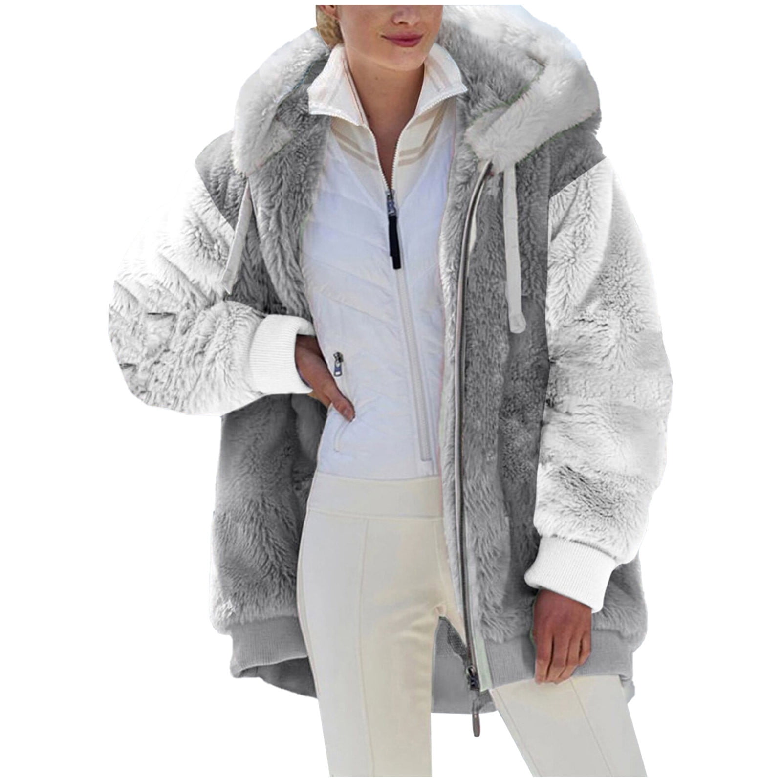 Dezsed Womens Fuzzy Jacket Color Block Hooded Cardigan Open Front ...