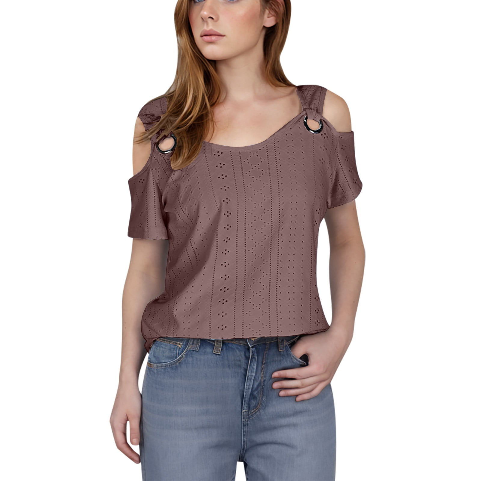 Dezsed Womens Summer Cold Shoulder Tops T Shirts Short Sleeve Solid ...
