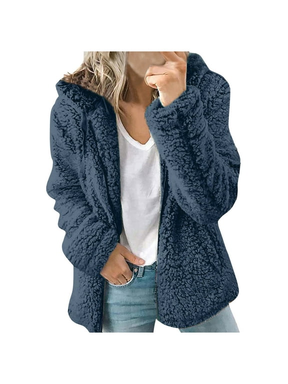 Wdfiry Womens Winter Sherpa Fleece Jacket Clearance Fashion Women Casual Solid Hooded Plush Warm ...