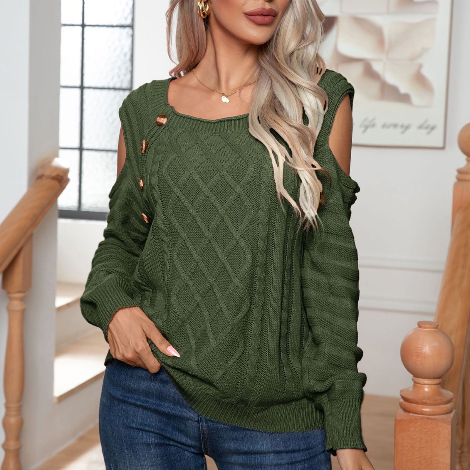 Dgankt Cozy Sweaters for Women Button Neck Top off Shoulder Long Sleeve ...