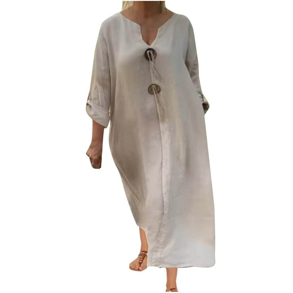 Dgankt Dresses for Women Spring and Summer Loose-Fit Solid V Neck 3/4 ...