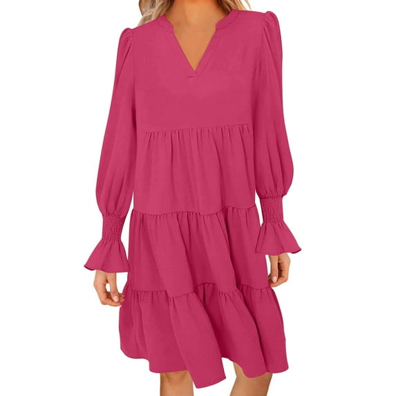 Dgankt Dresses for Women V Neck Puff Long Sleeve Ruffled Tiered Flowy ...
