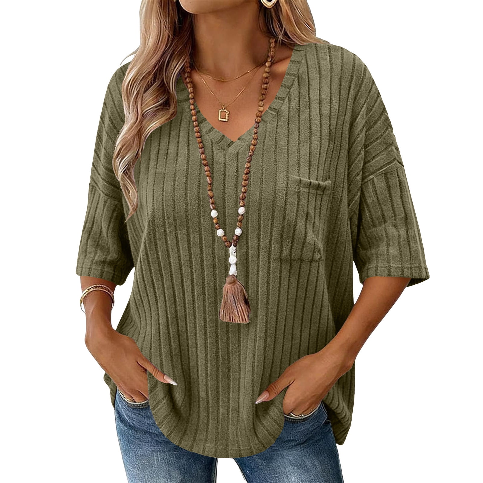Dgankt Fashion Clothing Women's Multi-Color Soft Ribbed Knit V Neck ...