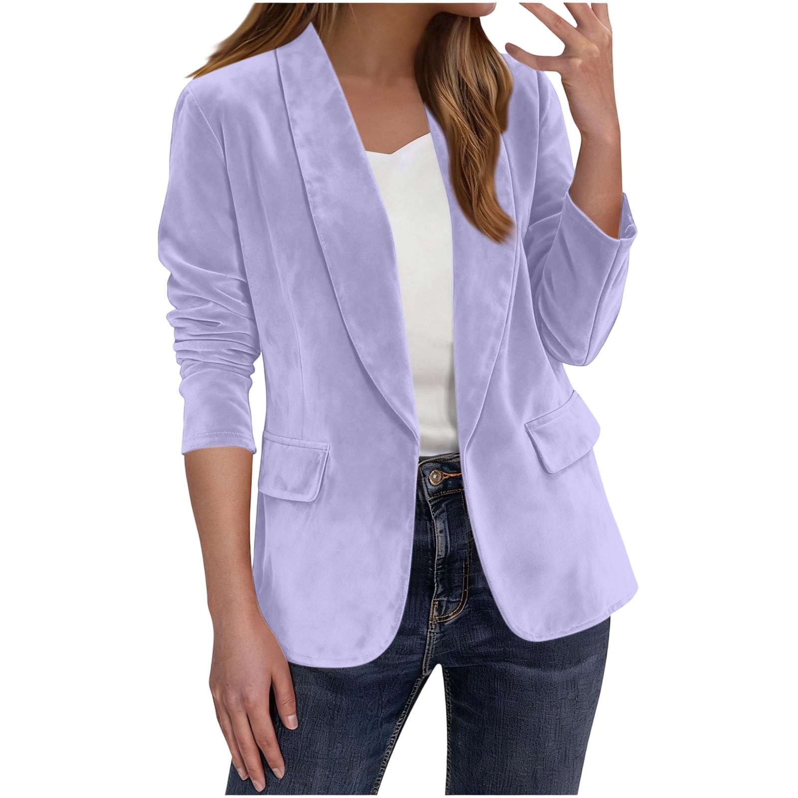 Dgankt Jackets for Women Solid Color Velvet Open Front Blazer Long ...