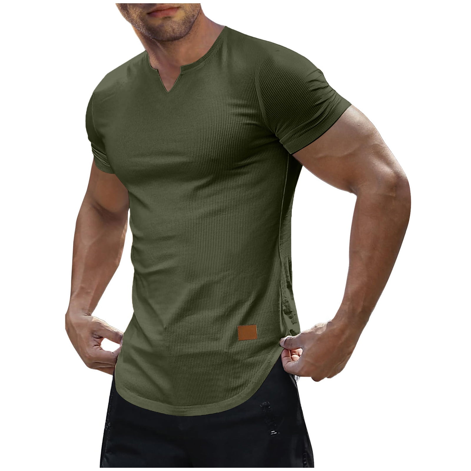 Dgankt Men's V-Neck T-shirts Vertical Rib Texture Casual Solid Color ...