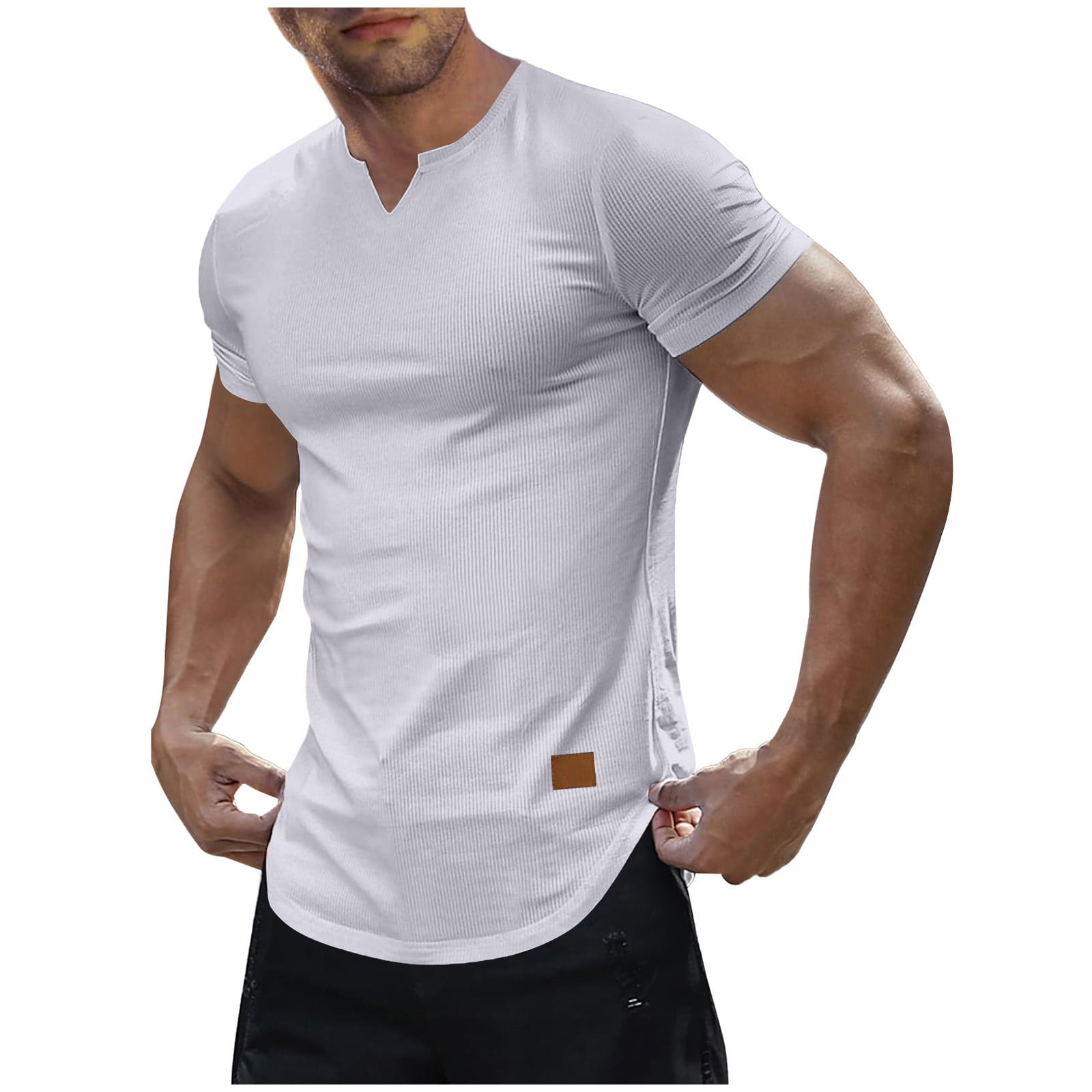 Dgankt Men's V-Neck T-shirts Vertical Rib Texture Casual Solid Color ...