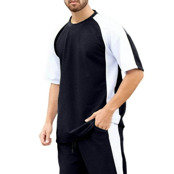 Dgankt Mens Shirts Waffle Knit Tops Color Block Breathable Crew Neck T ...