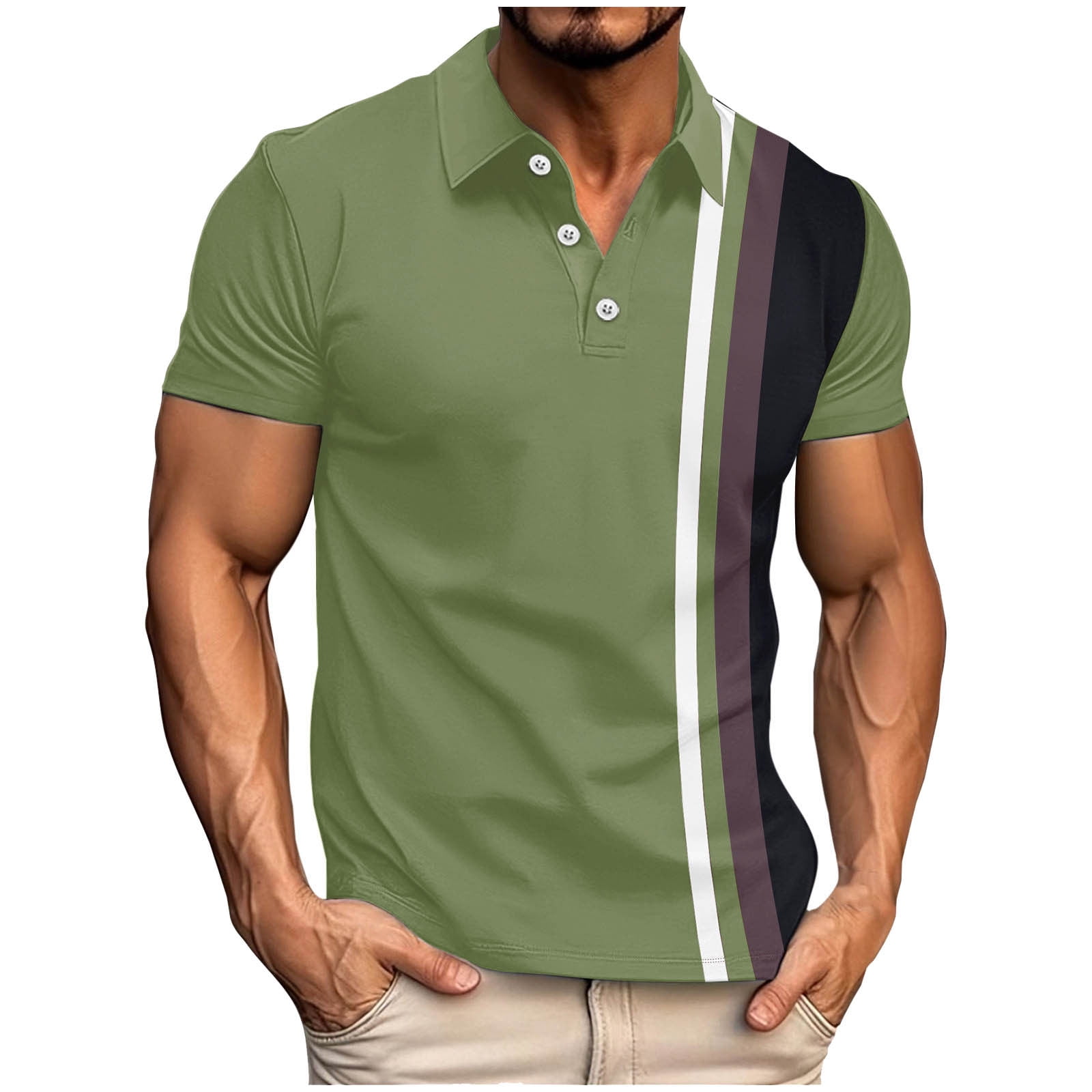 Dgankt Mens T-shirts Solid Striped Print Button Design Casual Versatile ...