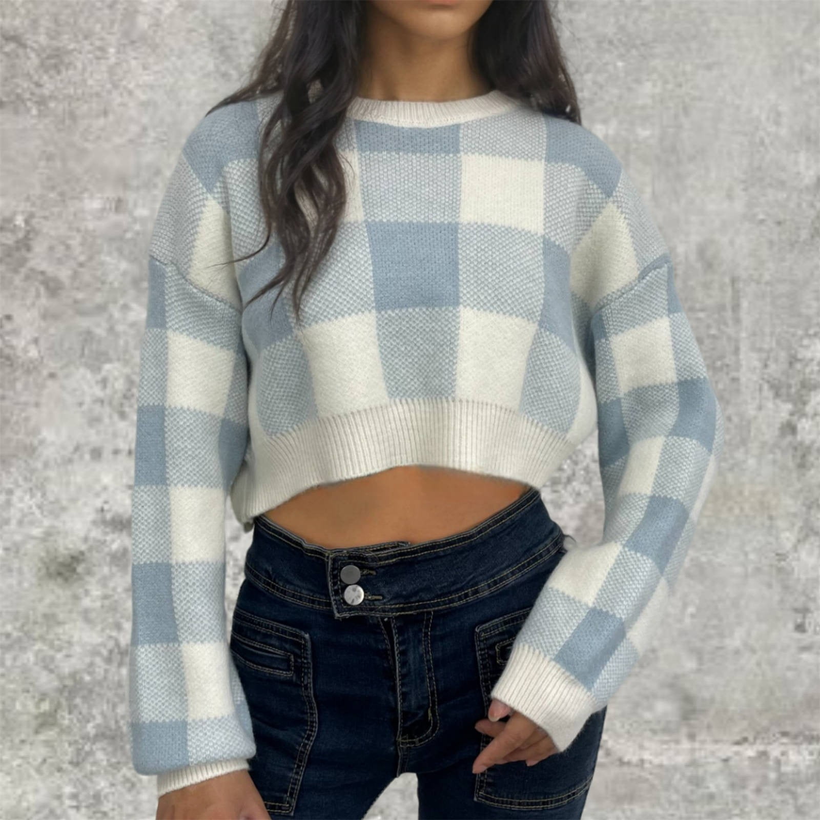 Dgankt Oversized Sweaters for Women Plaid Short High Waisted Exposed ...