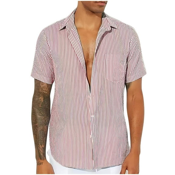 Dgankt Shirts for Men Summer Stripe Print Turndown Collar Button Short ...