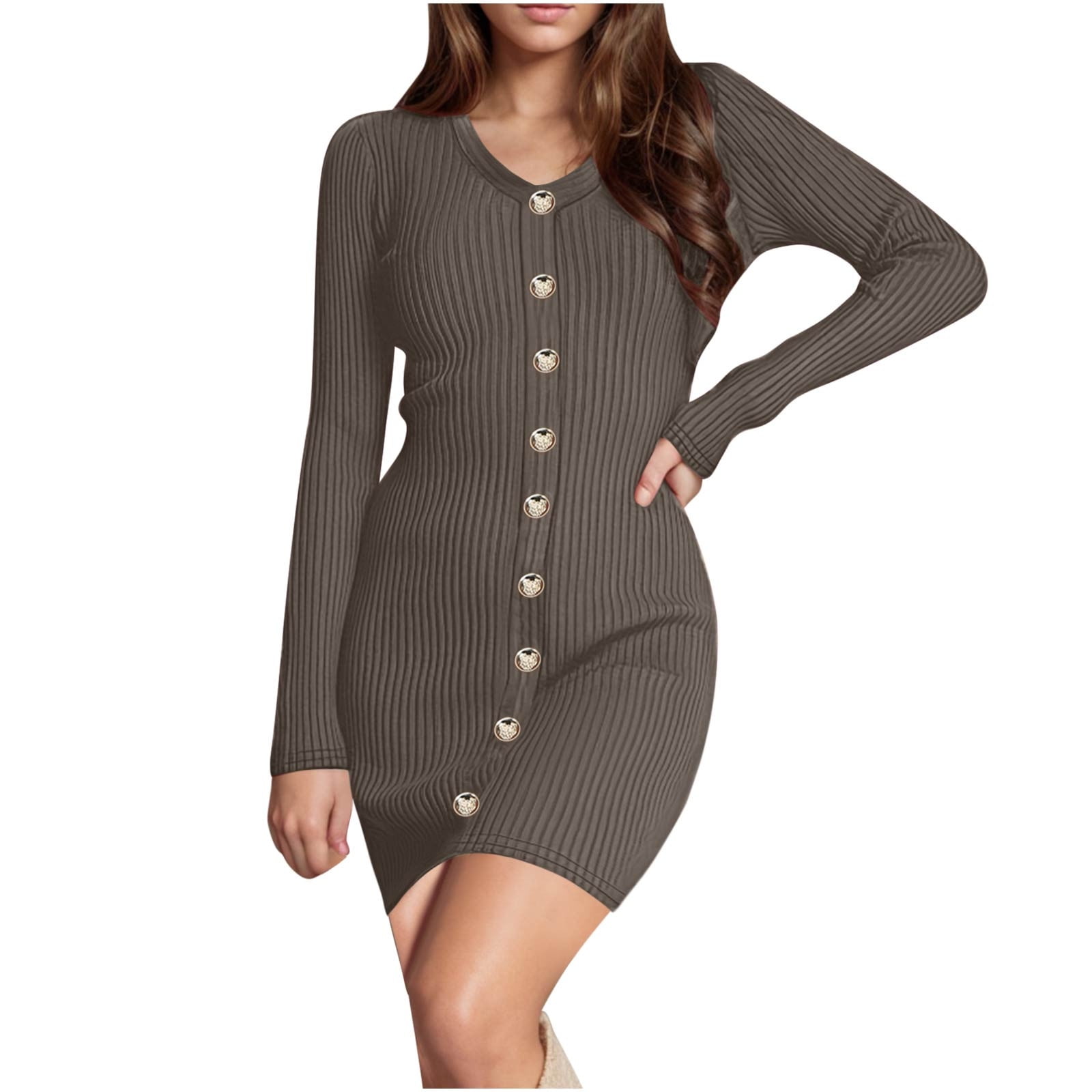 Dgankt Sweater Dress for Women Knit Bodycon Solid V Neck Long Sleeve ...