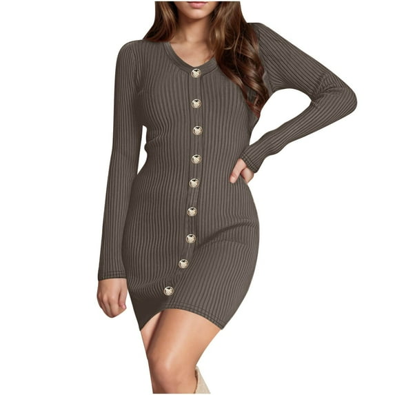 Dgankt Sweater Dress for Women Knit Bodycon Solid V Neck Long Sleeve ...