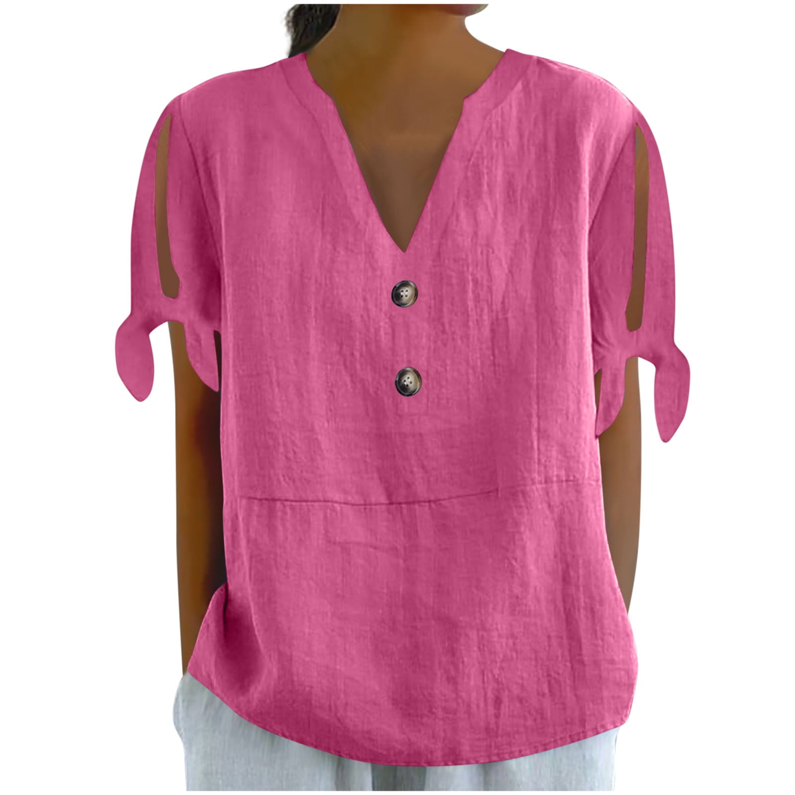 Dgankt Womens Tops Cotton Linen Solid V Neck Button Tie Front Loose ...