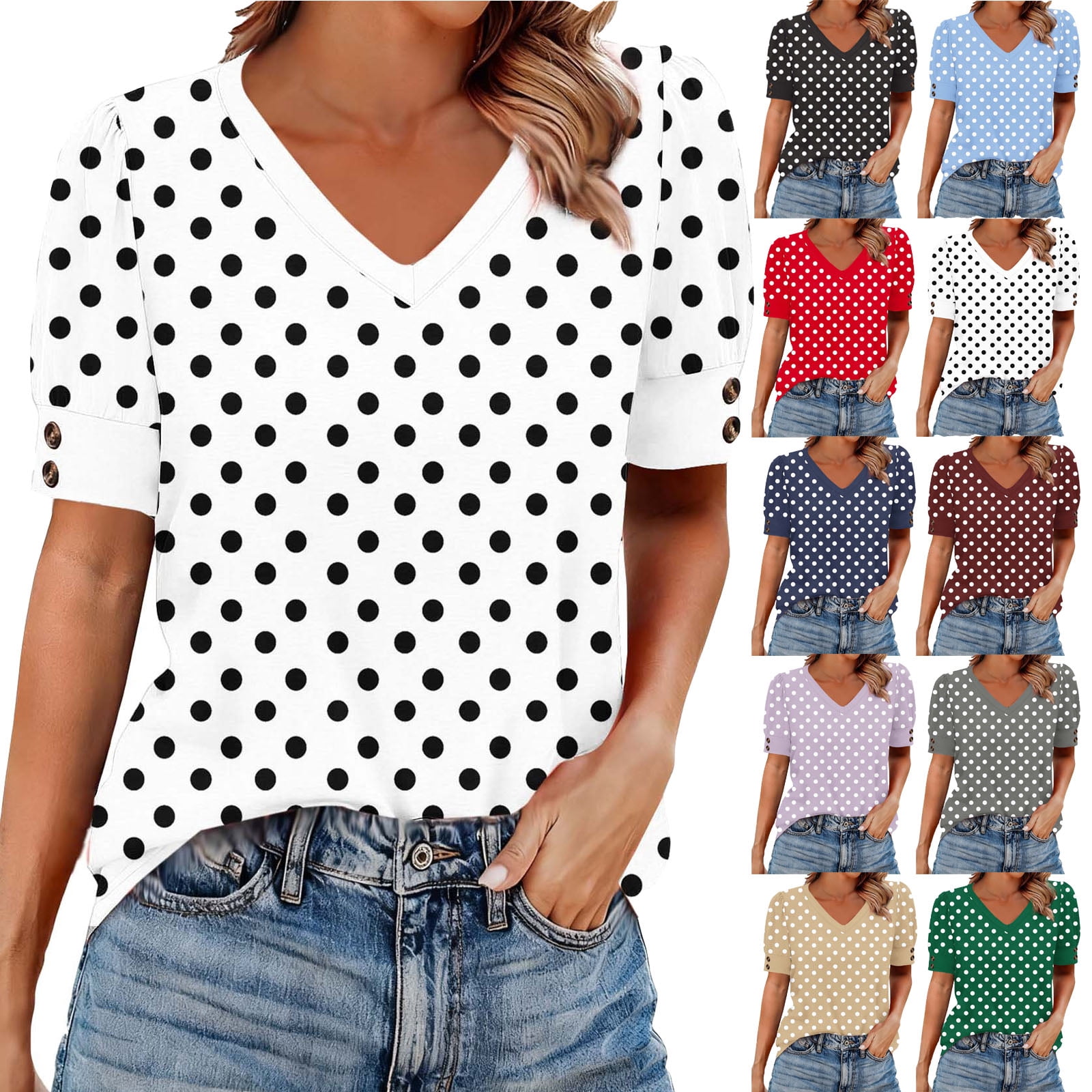 Dgankt Womens Tops Women's Multi-Color Polka Dot Print V Neck Office ...
