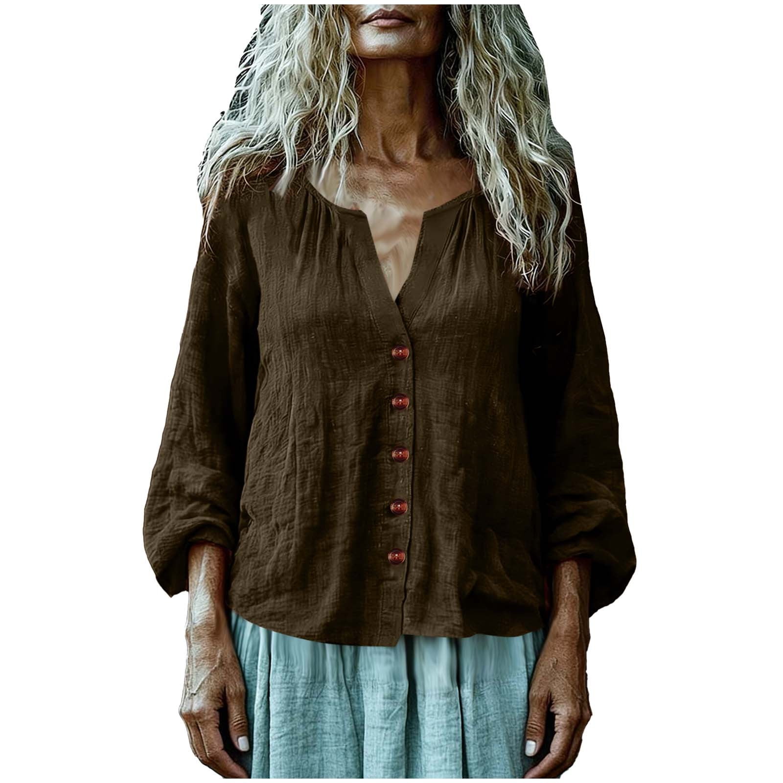 Dgankt Womens Tops Women's Solid-Color Cotton Linen Blouse - Fashion ...