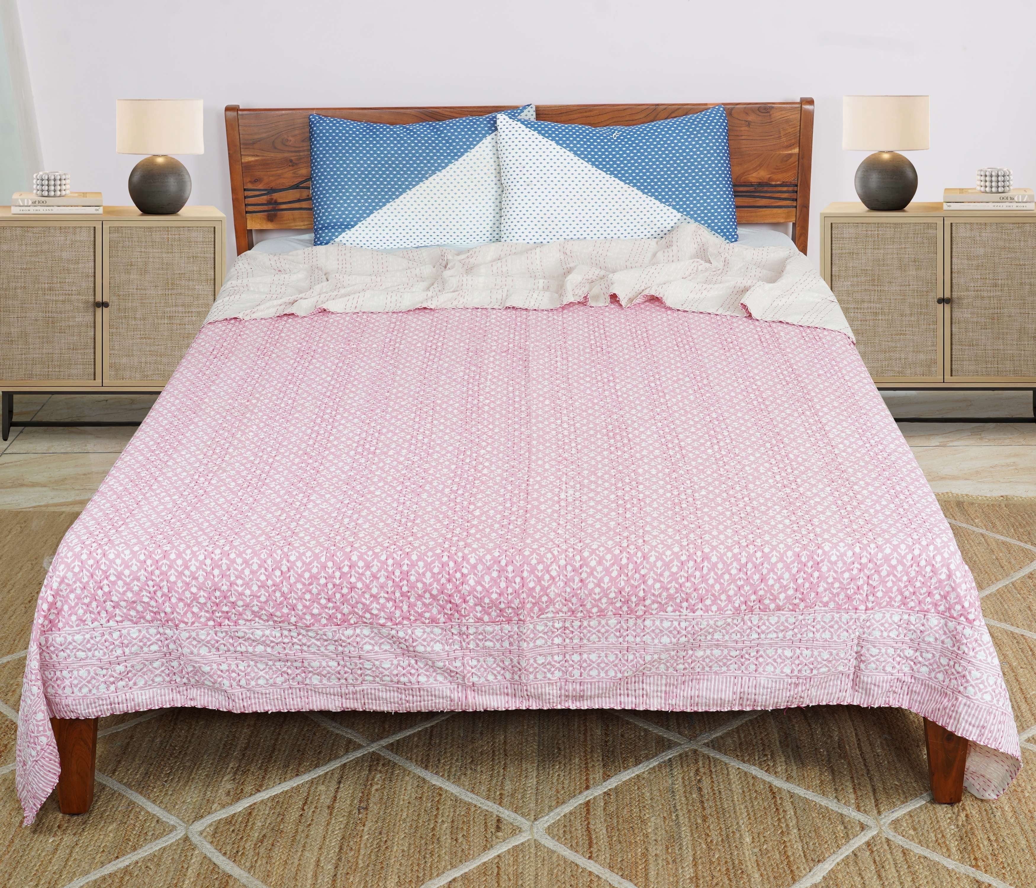 Dhaka International Pink Block Printed Cotton Bedspread, Single/Twin ...