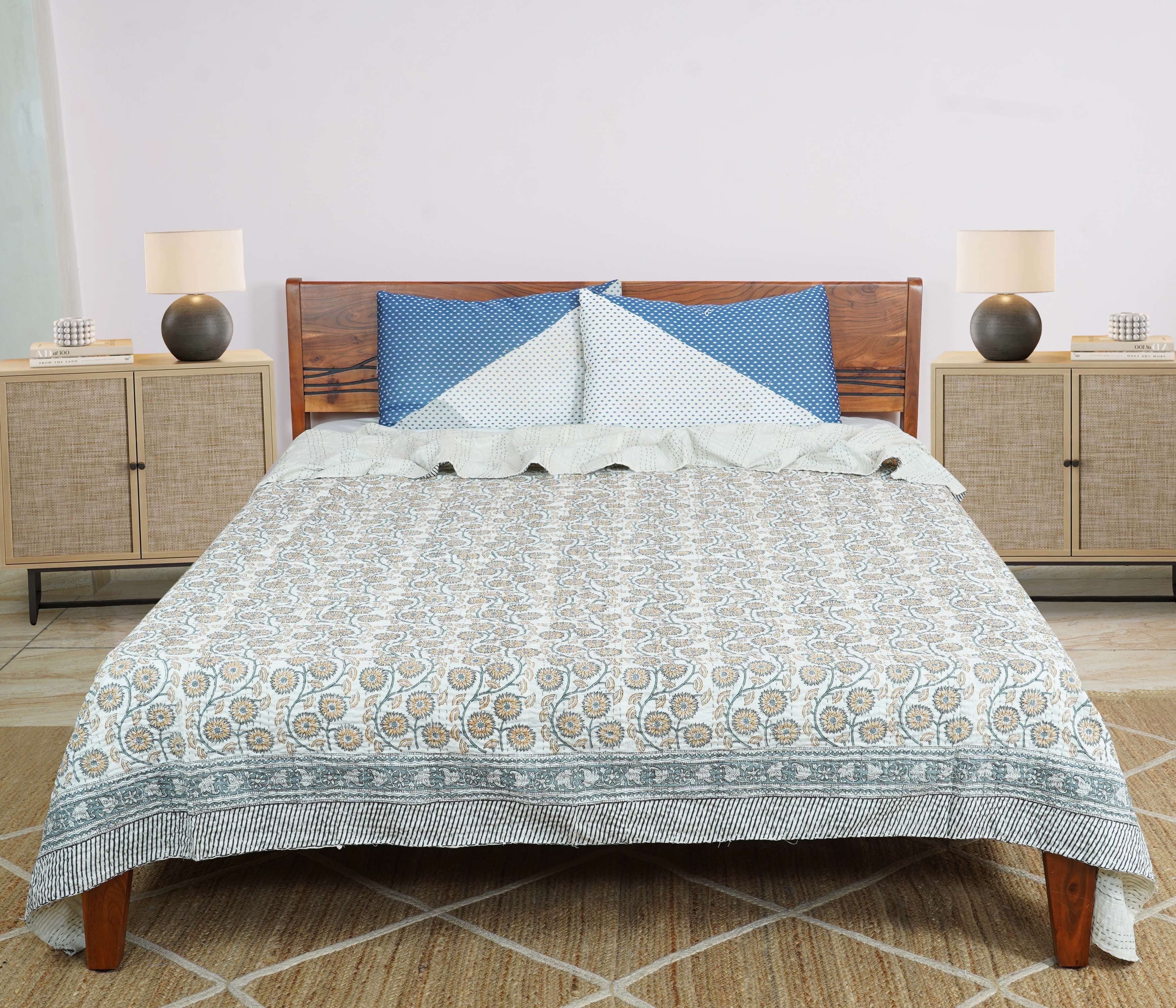 Dhaka International Yellow Queen Quilt Set, 100% Cotton Reversible ...