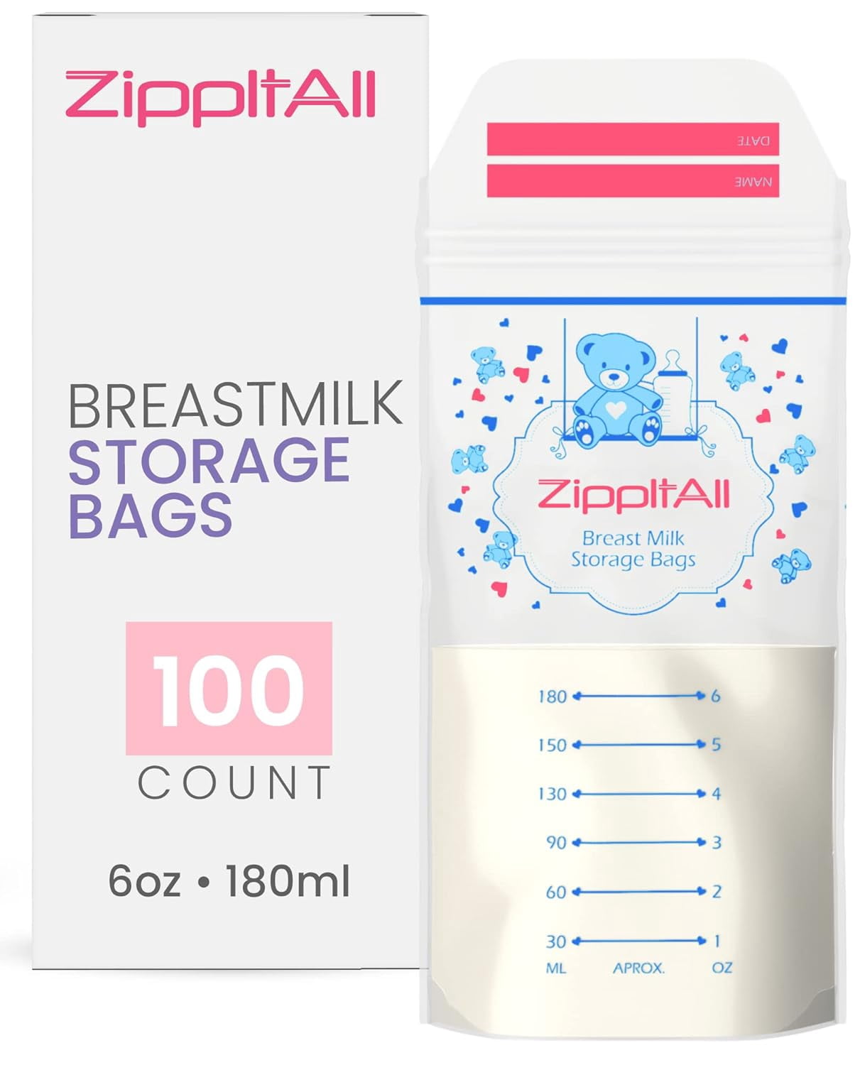 DiRose Breastmilk Storage Bags -6 oz 100 Count Double Zipper Leak Proof ...
