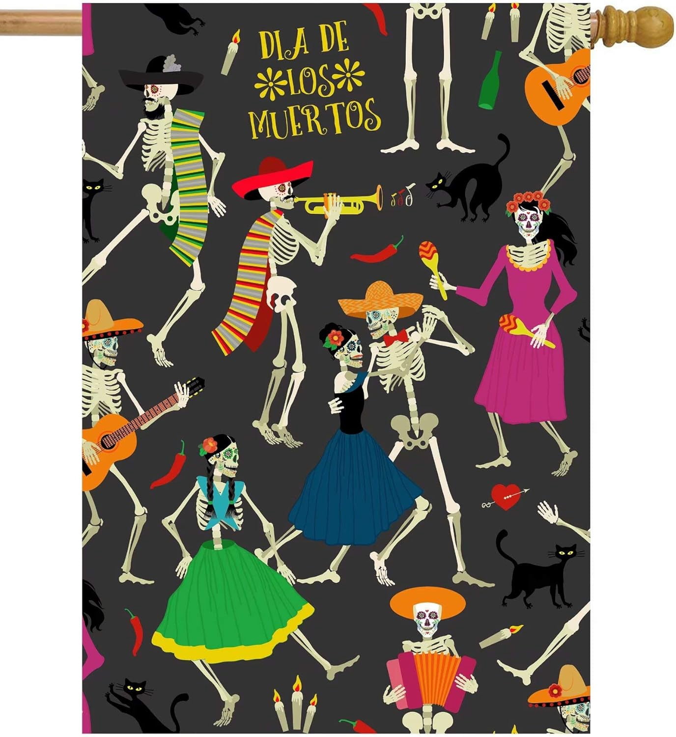 Dia De Los Muertos Calavera Cats Sugar Skull Skeleton Dance House Flag ...