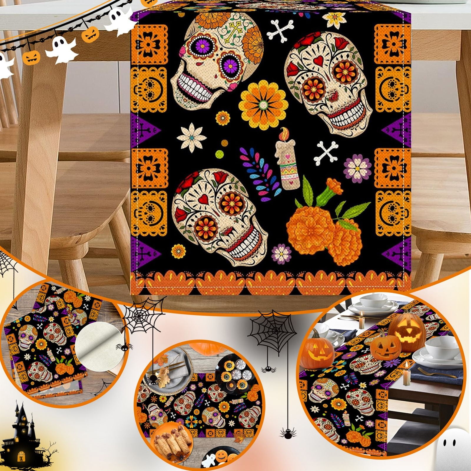 Dia De Los Muertos Decorations - Linen Sugar Skulls Table Runner | Day ...
