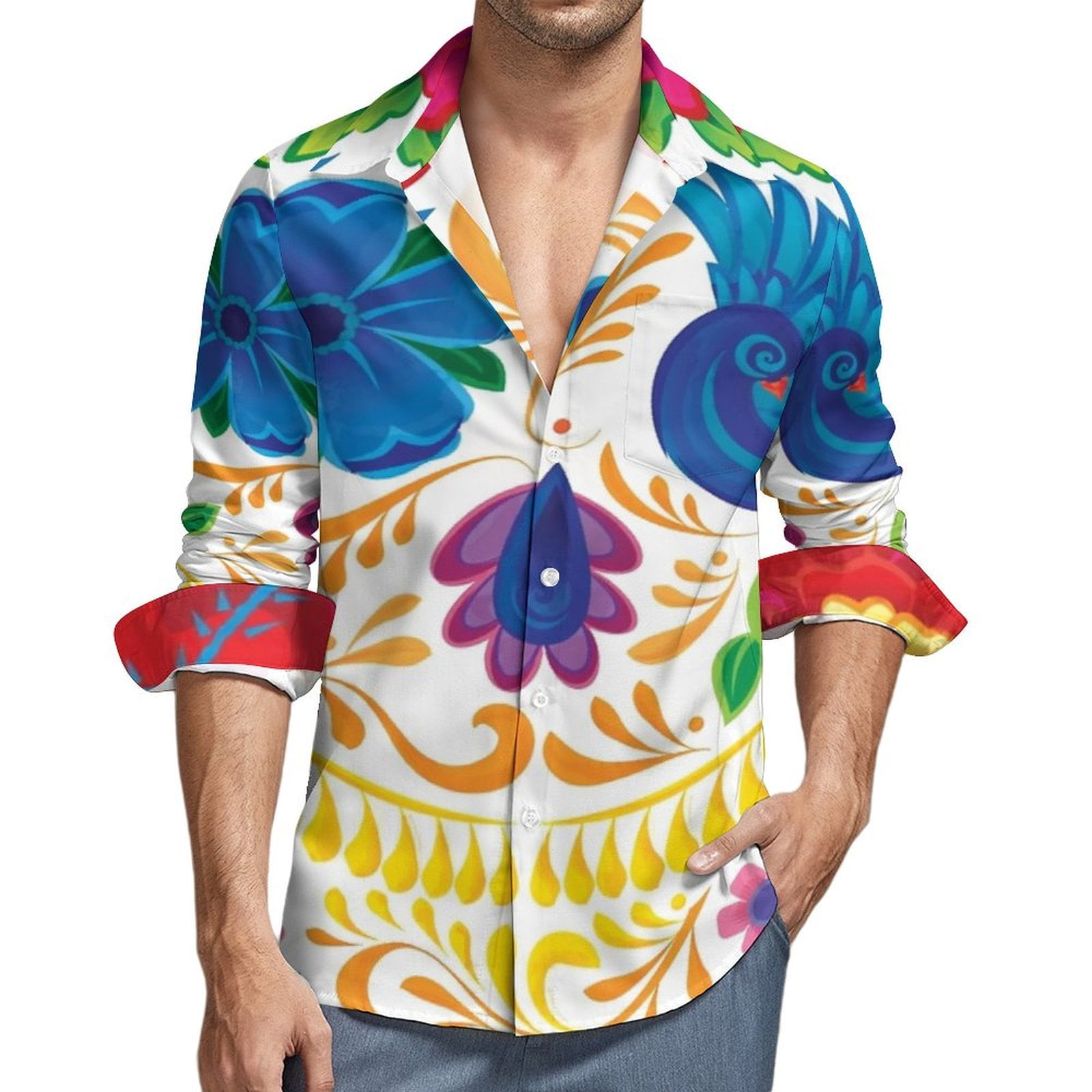 Dia De Los Muertos Hawaiian Shirt for Men Long Sleeve Button Down Beach ...
