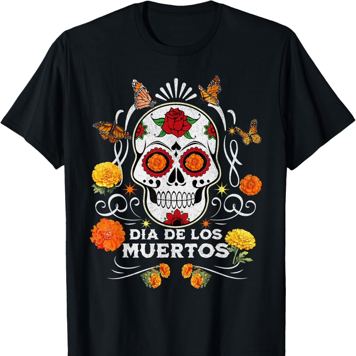 Dia De Muertos Skull Art Marigolds Monarch Butterflies T-S1Hirt ...