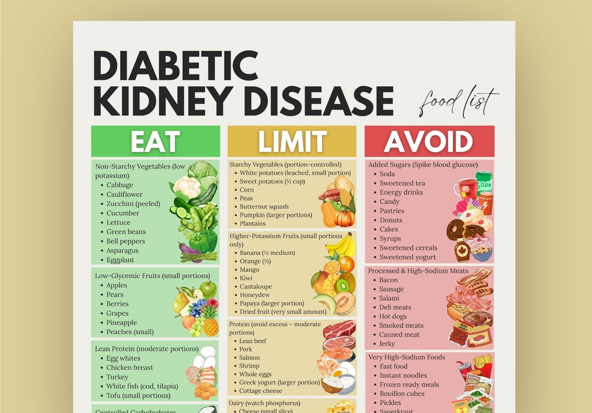 Diabetes Kidney Disease Diet Restriction Avoid Food List Poster, Kidney ...