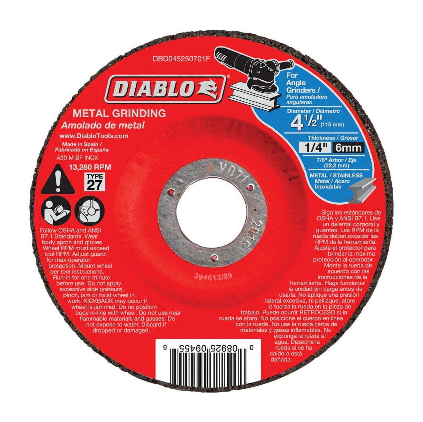 Diablo 4-1/2 in. Dia. x 7/8 in. Aluminum Oxide Metal Grinding Disc 1 pc ...