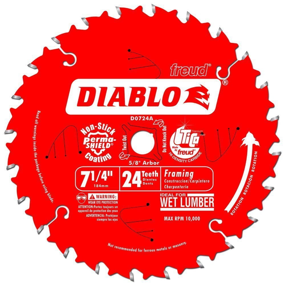 Diablo D0724A Circular Saw Blade, 7-1/4 in Dia, Carbide Cutting Edge, 5 ...