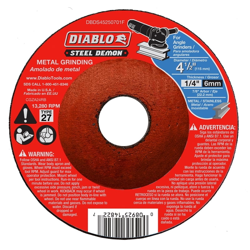 Diablo Steel Demon DBDS45250701F Grinding Disc, 4-1/2 in Dia, 7/8 in ...