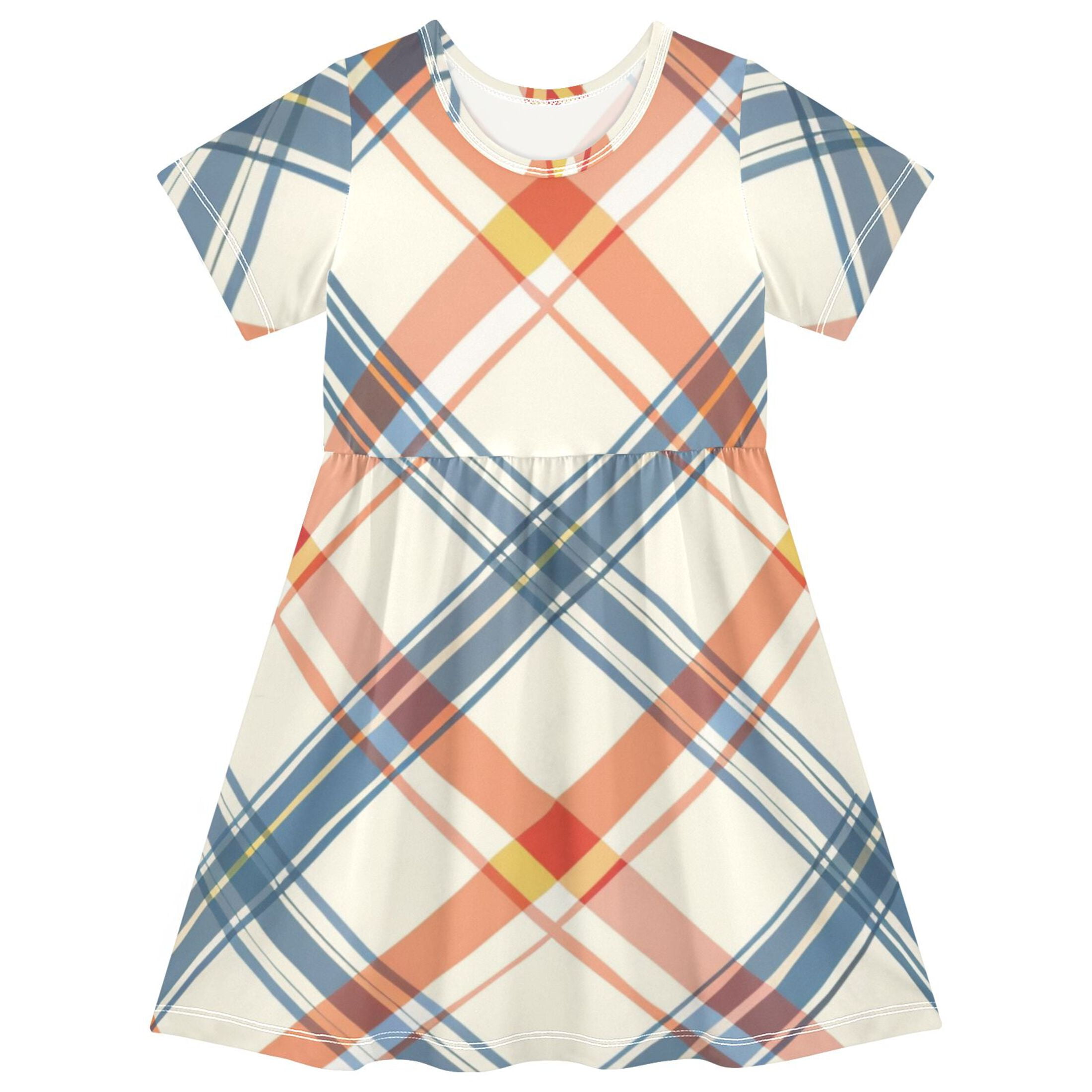 Diagonal Plaid Girls' Short Sleeve Dress A-Line One-Piece Dress UPF 50 ...