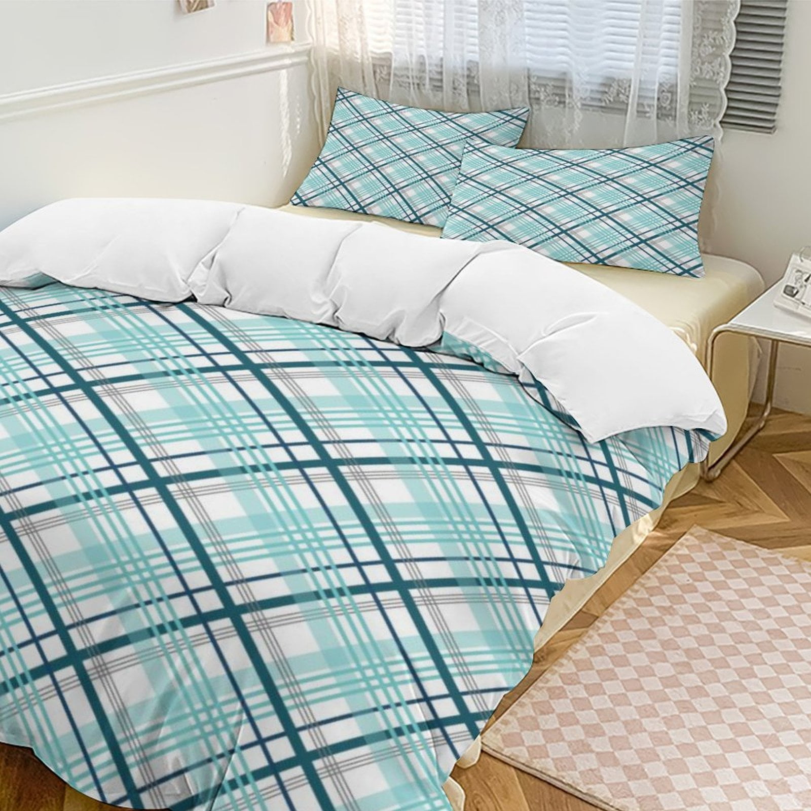 Diagonal Plaid Pattern in Blue. Bedding Duvet Cover Set 3 Piece ...